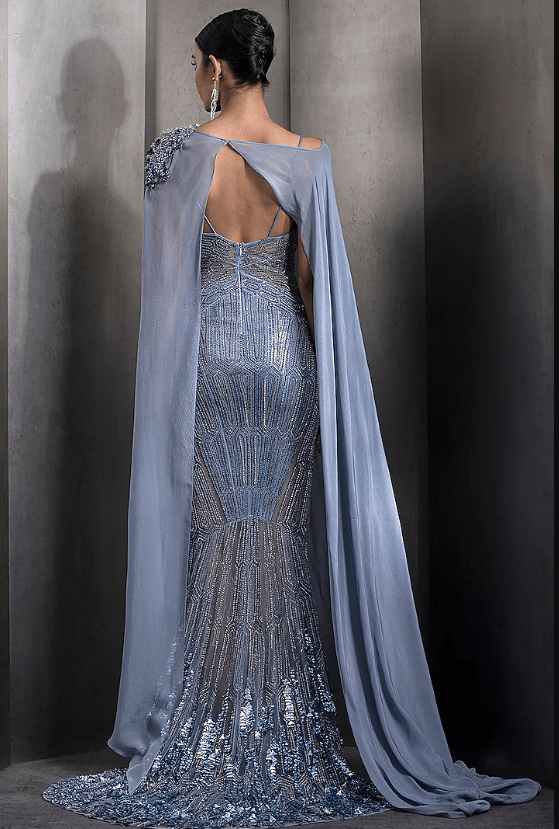 Cloudy Blue Tulle Crystal & Metallic Sequins Embellished Mermaid Gown ...